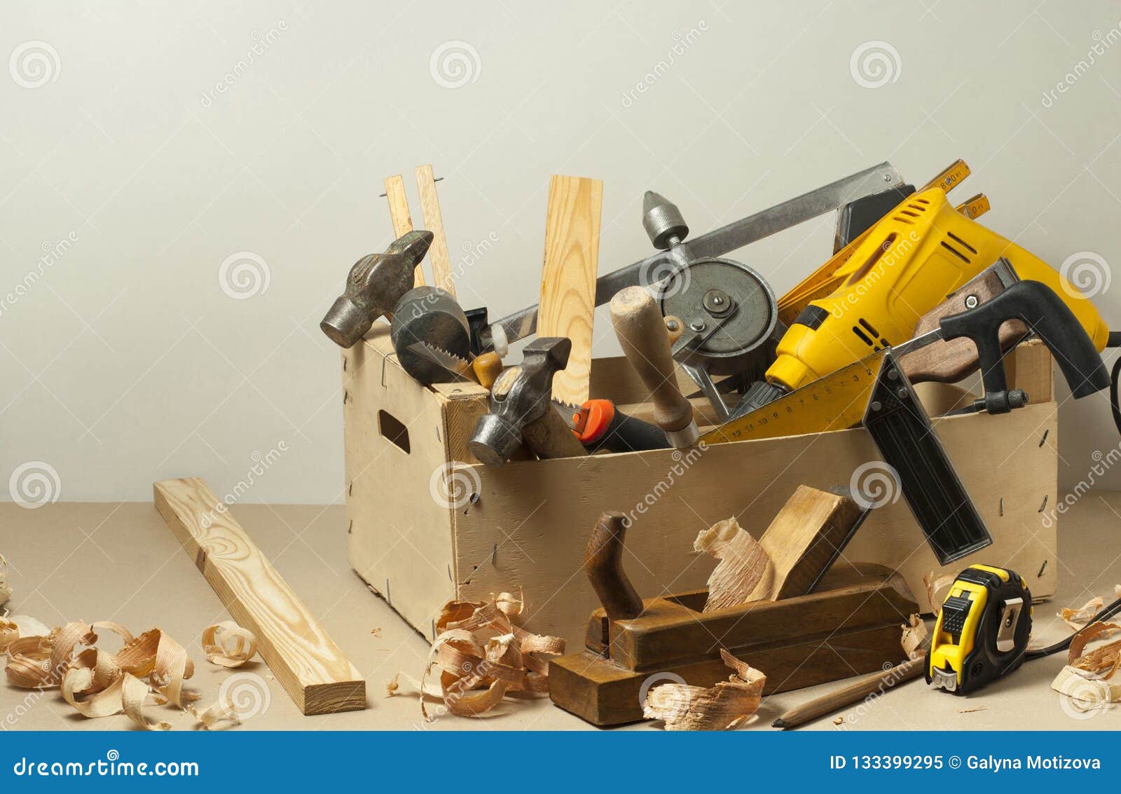 Carpentry Concept.Wooden Box with Many Carpentry Tools on Workplace ...