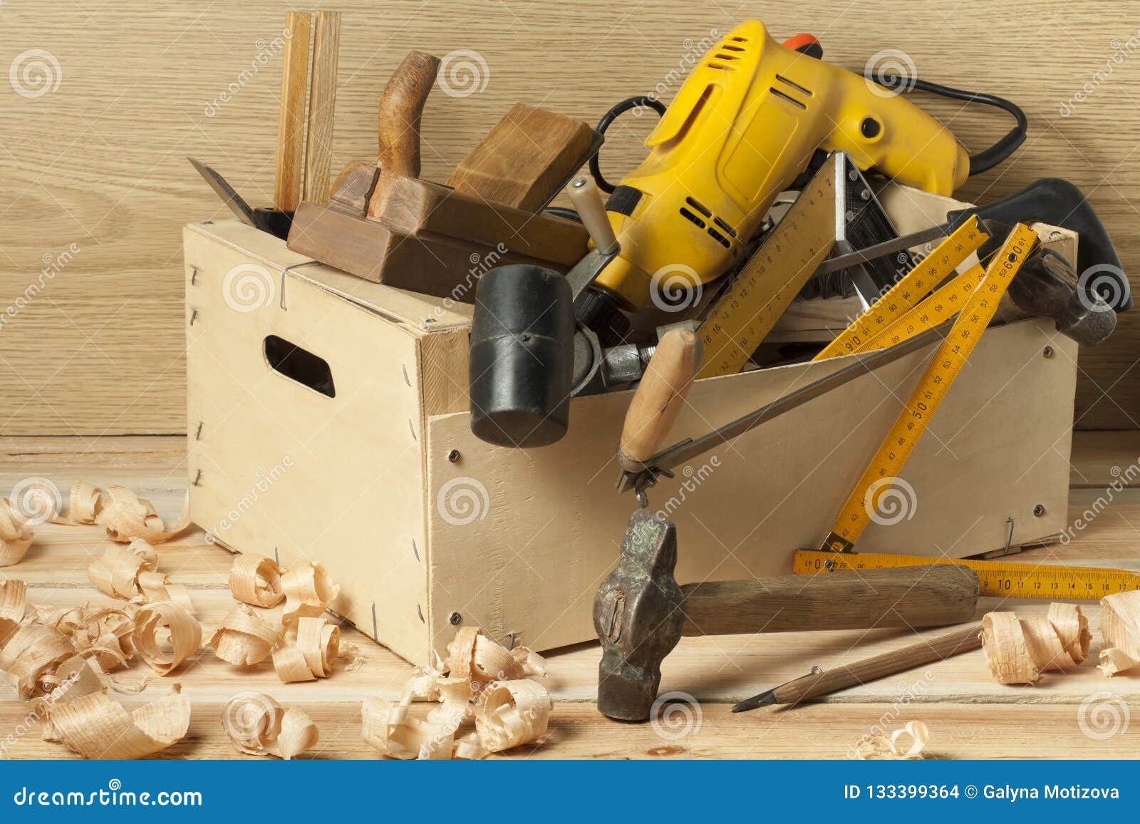 Carpentry Concept.Wooden Box with Carpentry Tools on Workplace. Stock ...