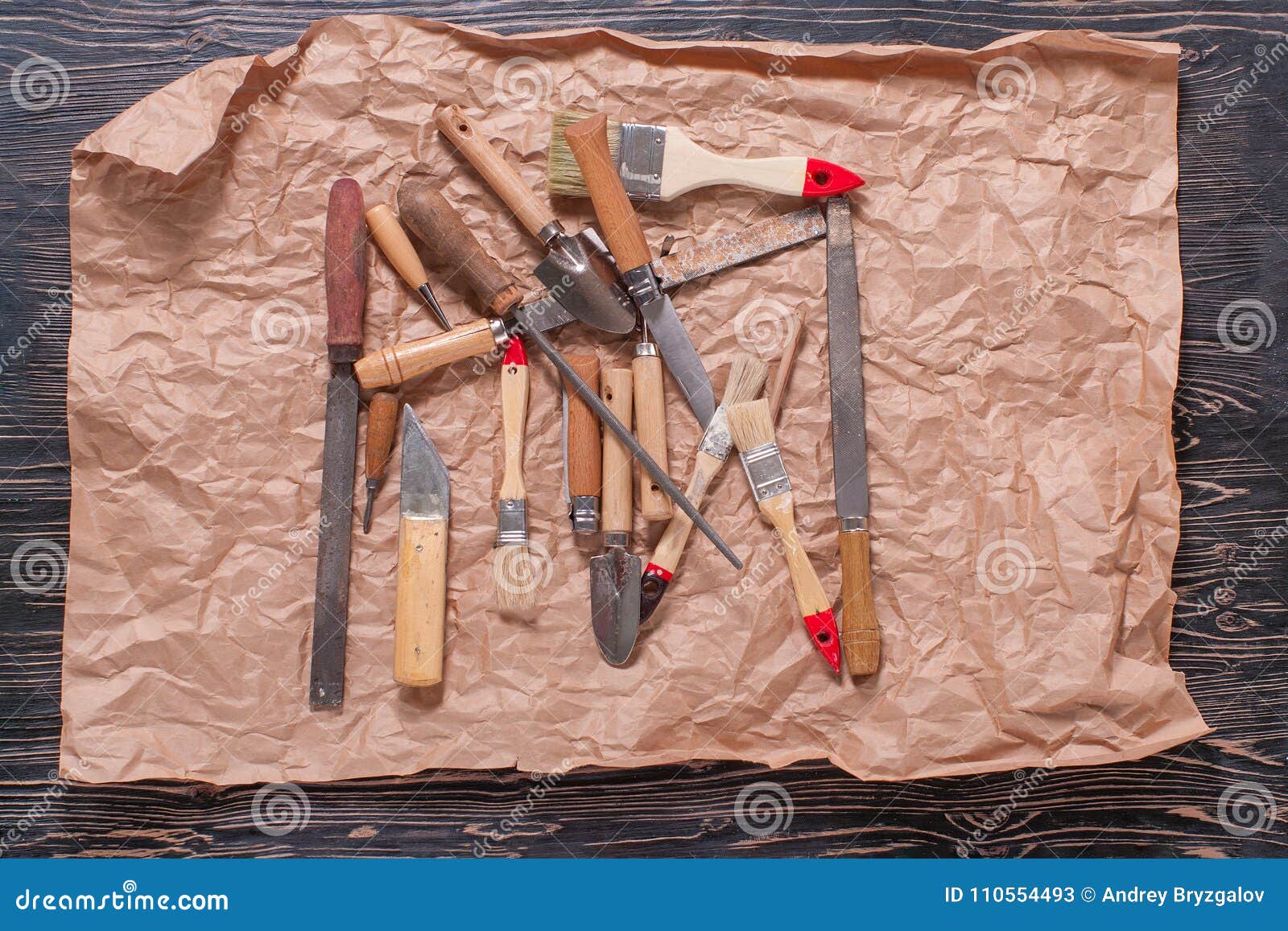 Carpentry, Construction Hardware Tools on Wooden Black Table Stock ...