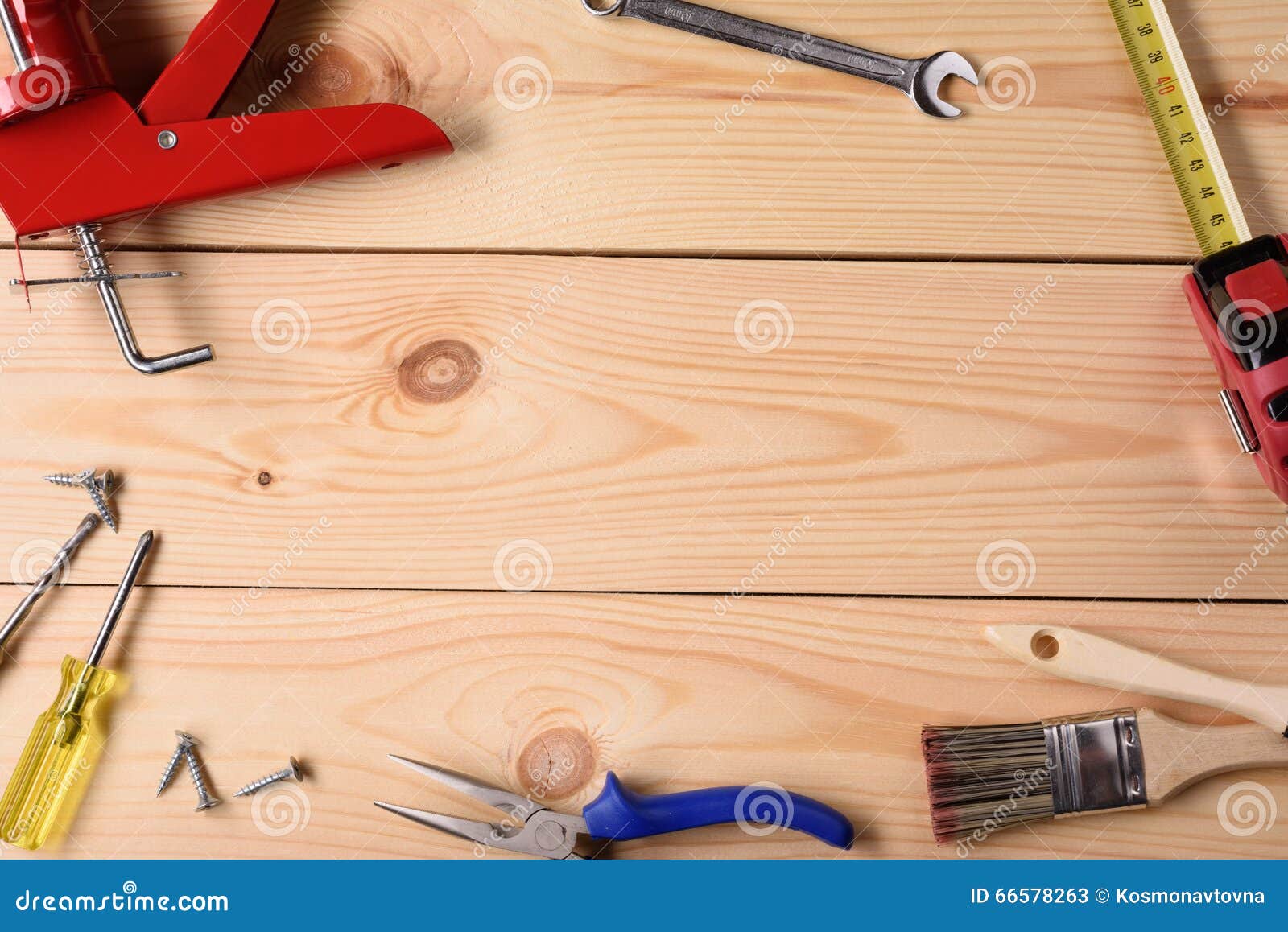 Carpentry, Construction Hardware Tools on Wooden Planks. Top View, Copy ...