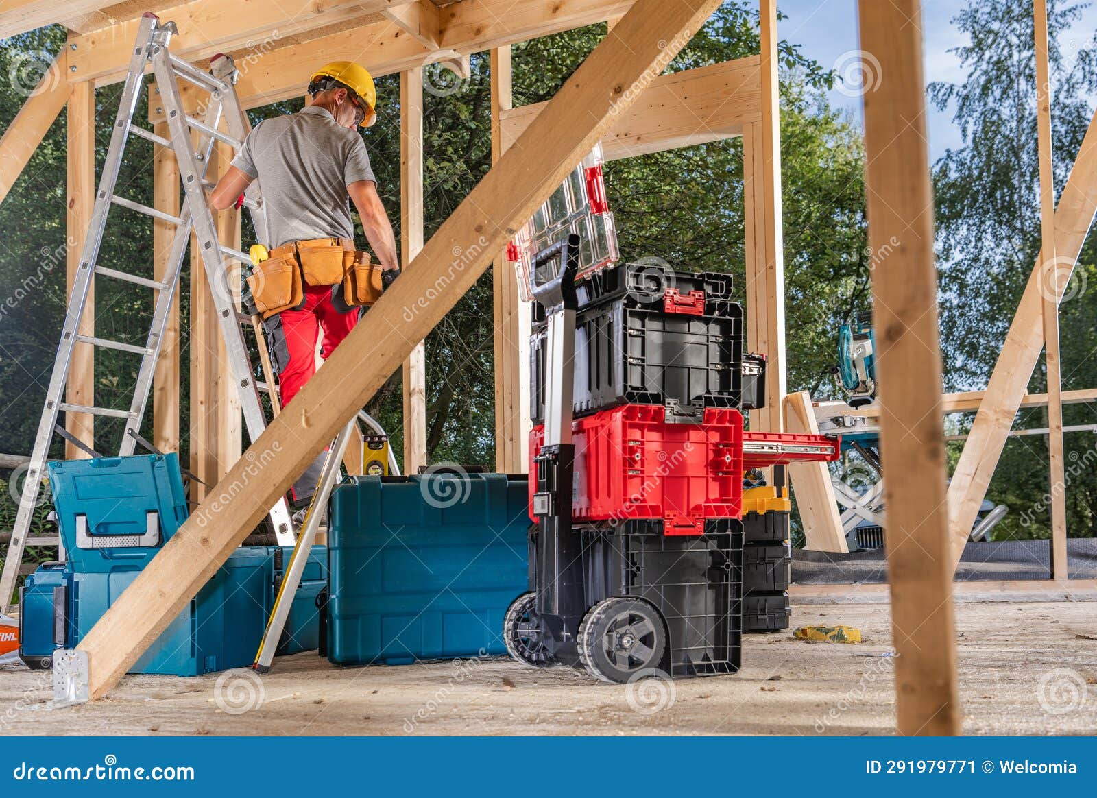 Carpentry Contractor Worker with His Tool Boxes Stock Image - Image of ...