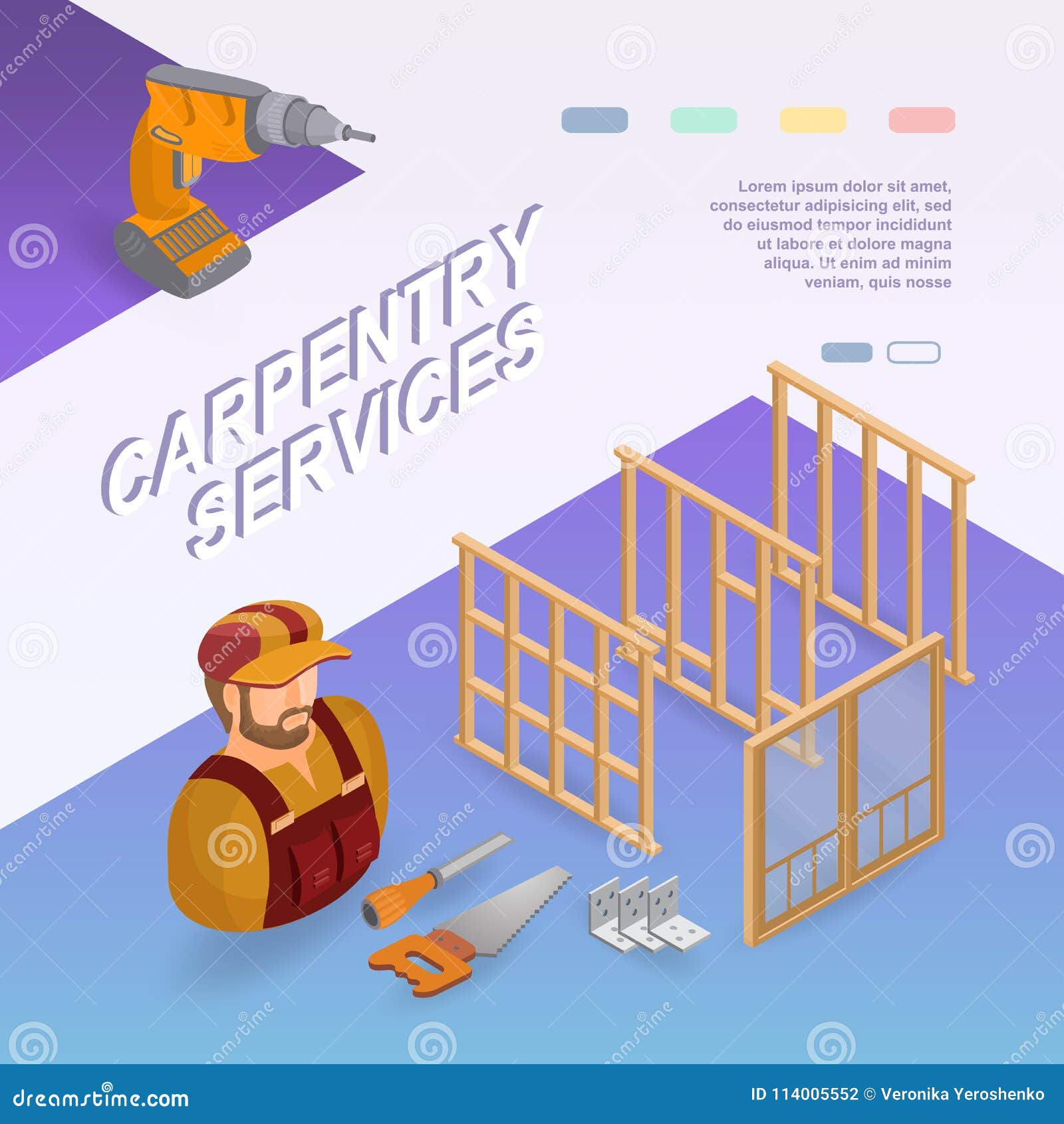 Carpentry Services. Isometric Concept. Worker, Equipment. Stock Vector ...