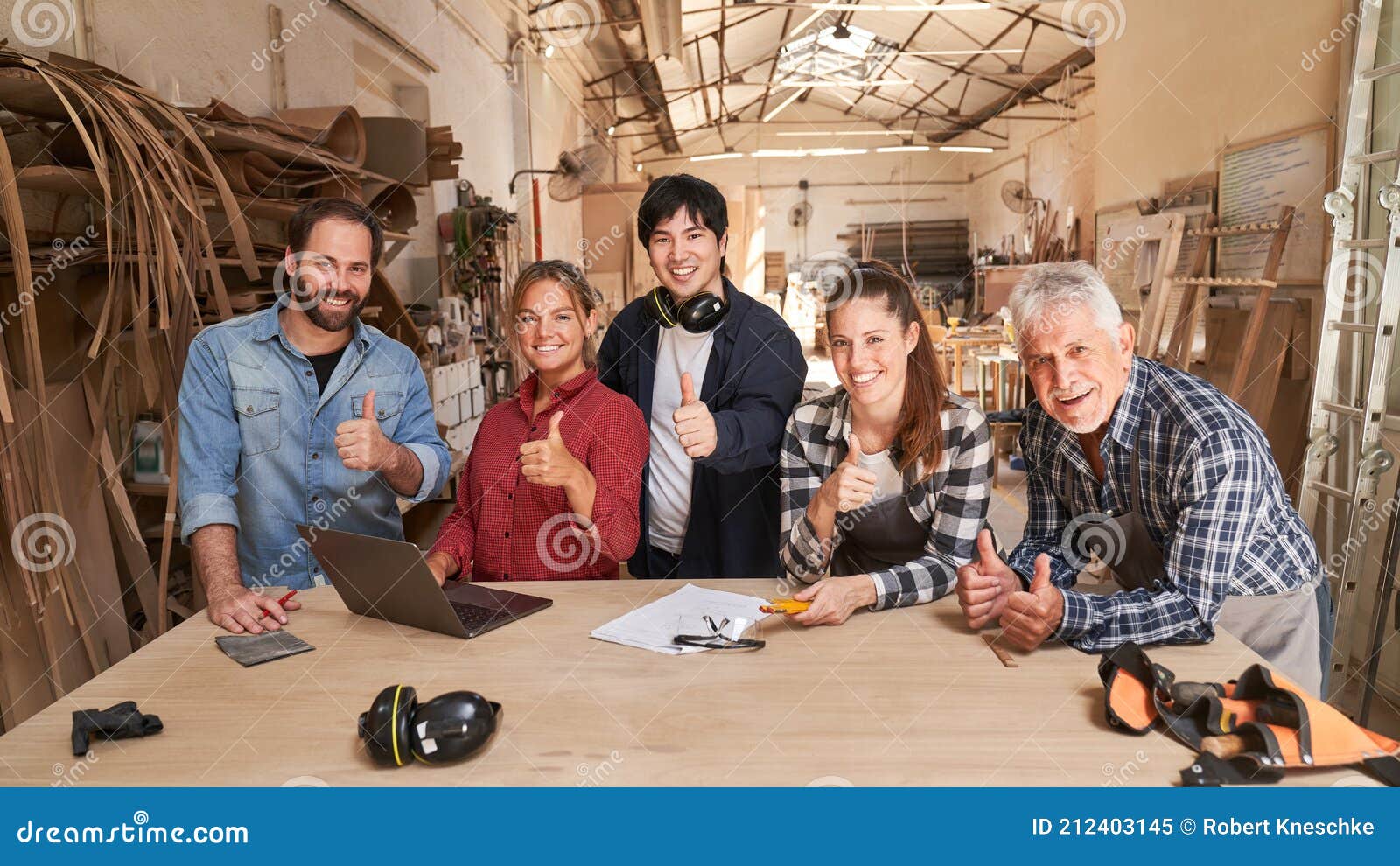 Carpentry Team with Thumbs Up in Workshop Stock Image - Image of group ...
