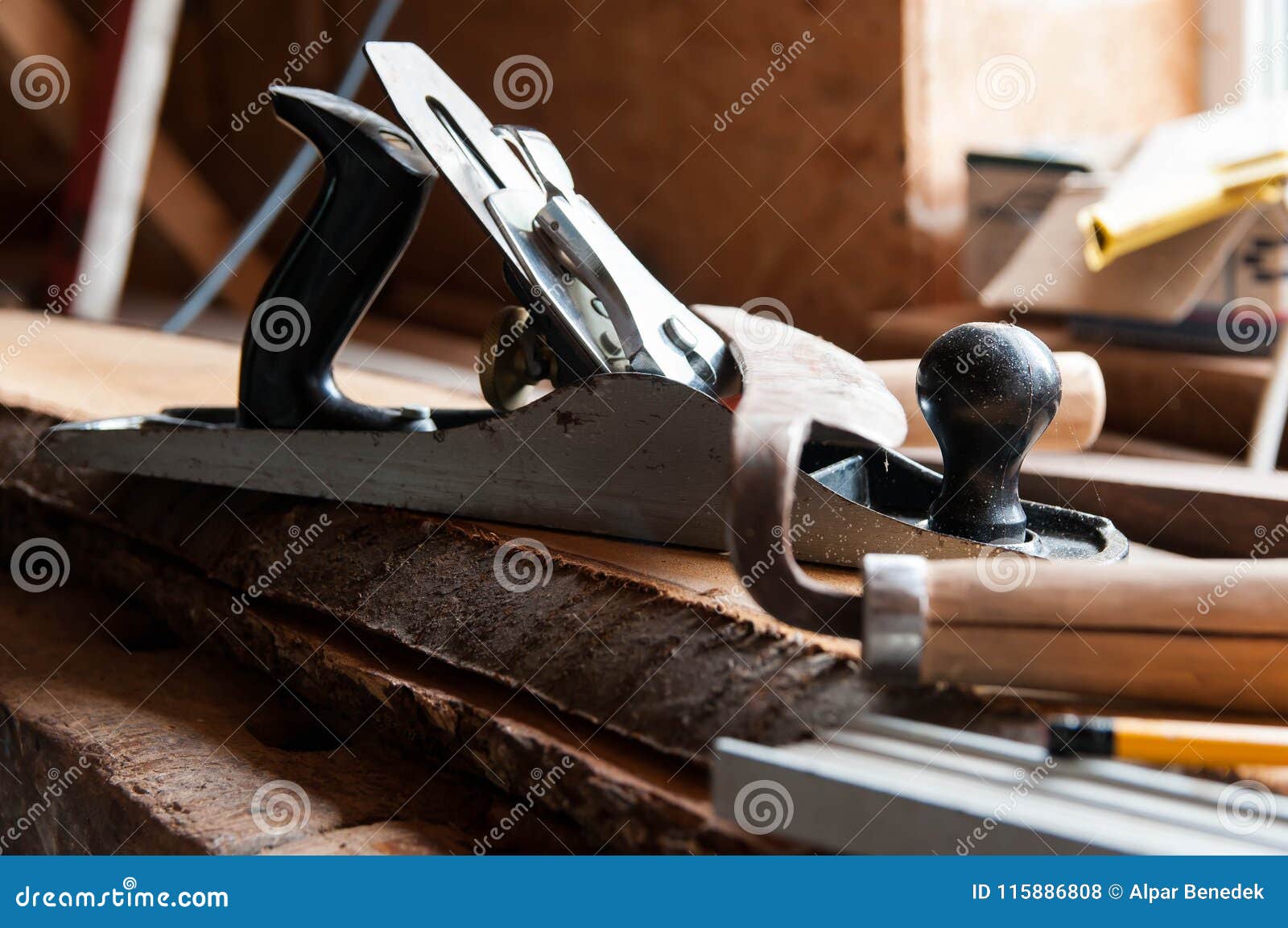 Carpentry Tools on Wood Boards, Focus on the Plane Stock Photo - Image ...