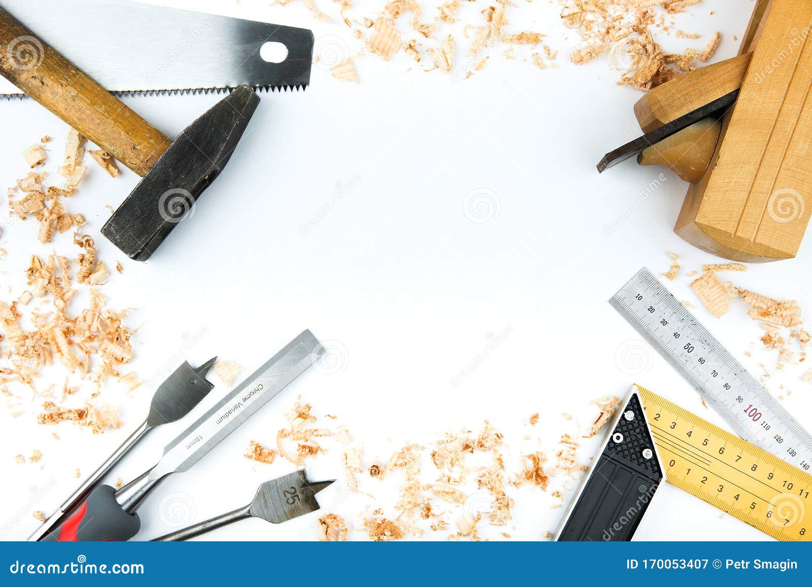 Carpentry Tools with Wood Shavings on a White Background Stock Image ...