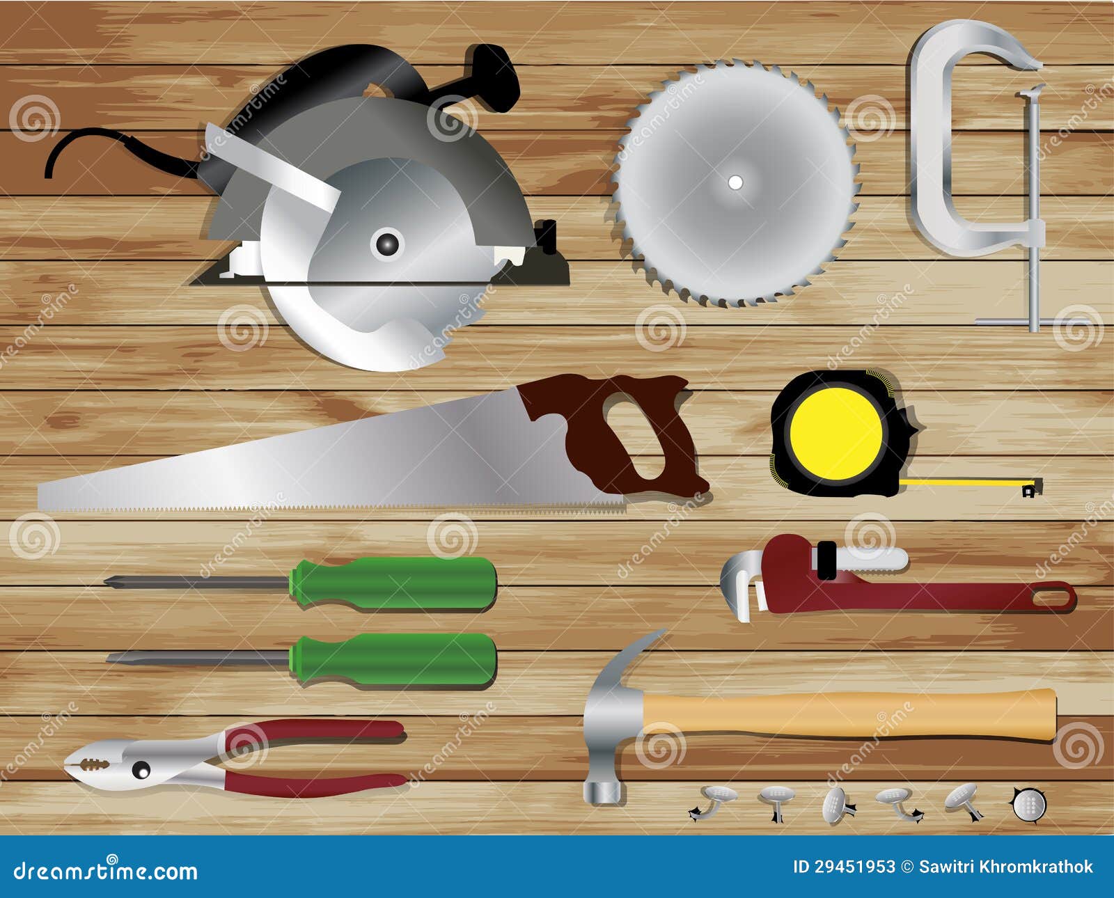 Carpentry Tools on Wooden Texture Background Stock Vector ...