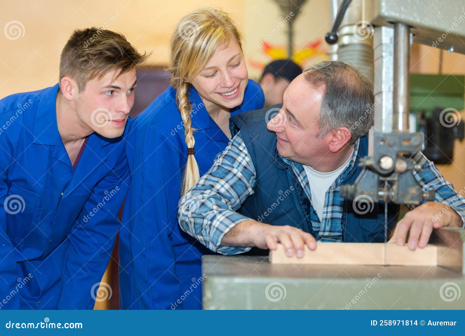 Carpentry Worker Demonstrating Bandsaw Procedure Stock Photo - Image of ...