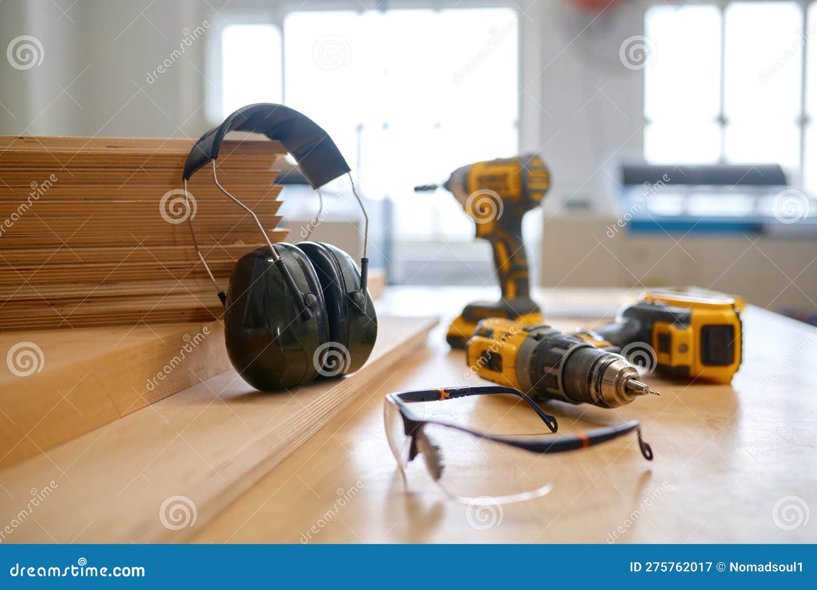 Carpentry Workplace with Protective Gears and Tools for Working Stock ...