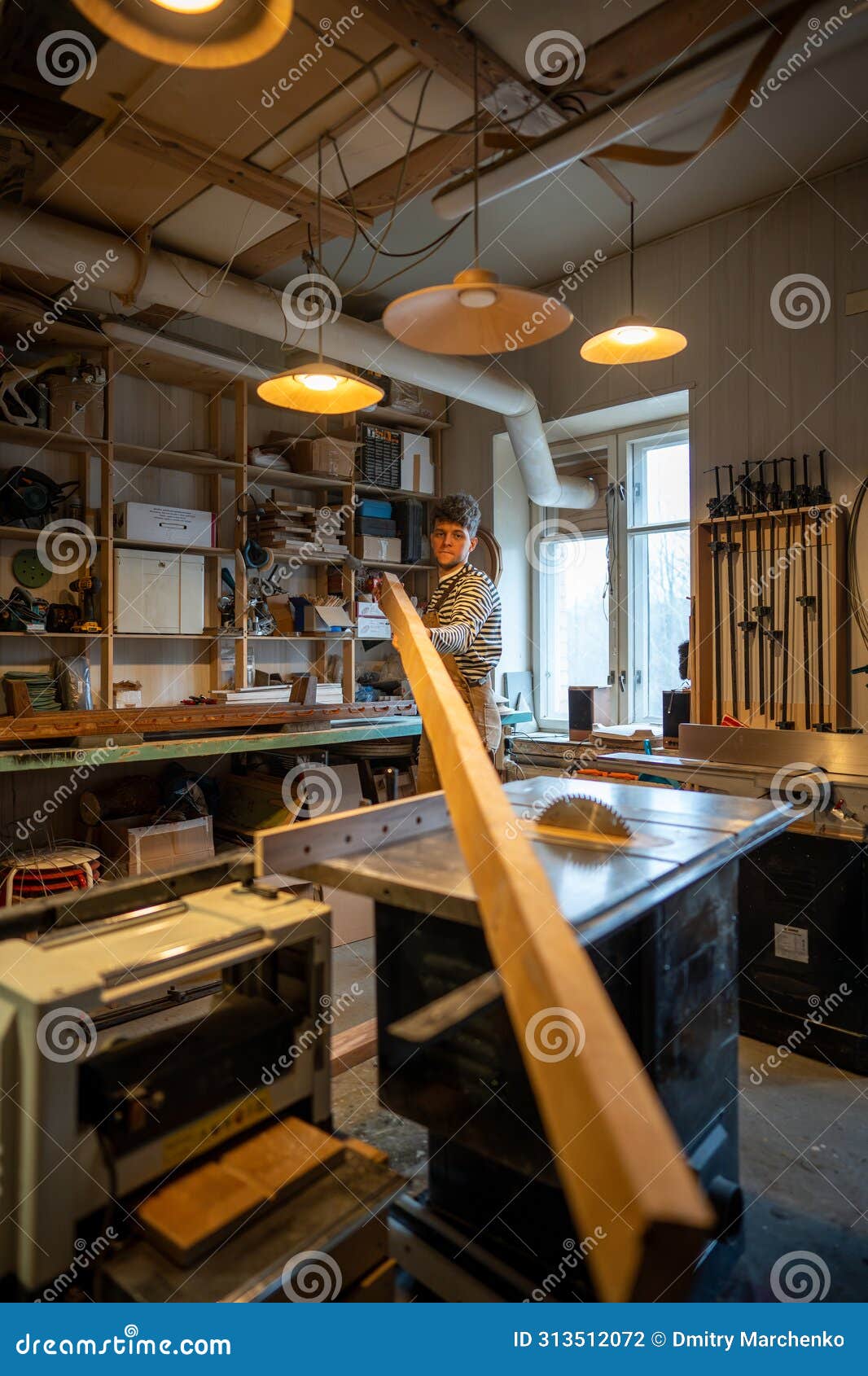 Carpentry Workshop, Craftsman Master Working. Guy on Workplace with ...