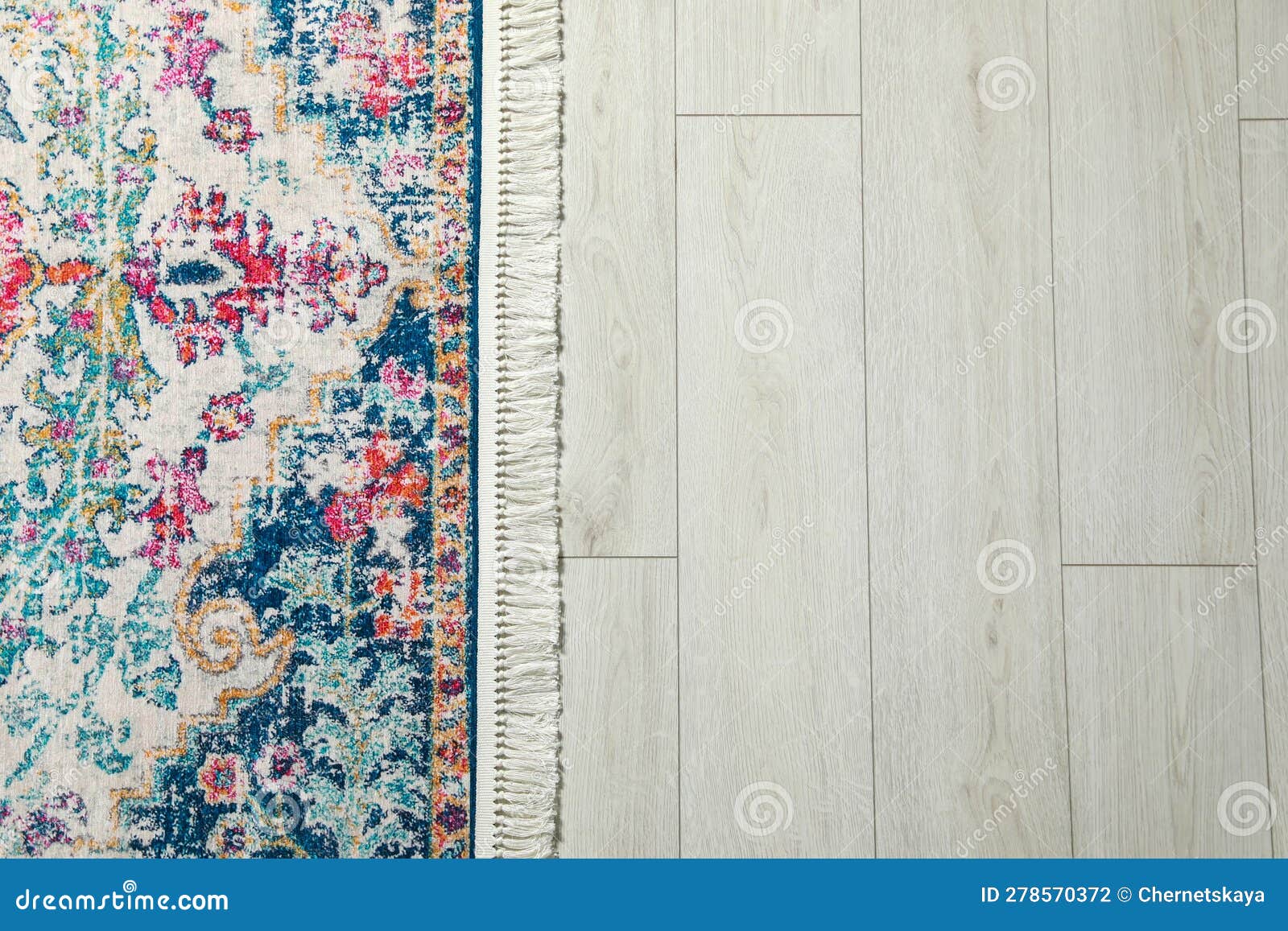 Carpet with Beautiful Pattern on Floor, Top View. Space for Text Stock ...
