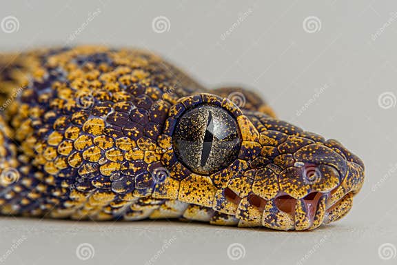 Carpet Python Known for Its Striking Patterns is Gracefully Coiled Against a Soft White Backdrop ...