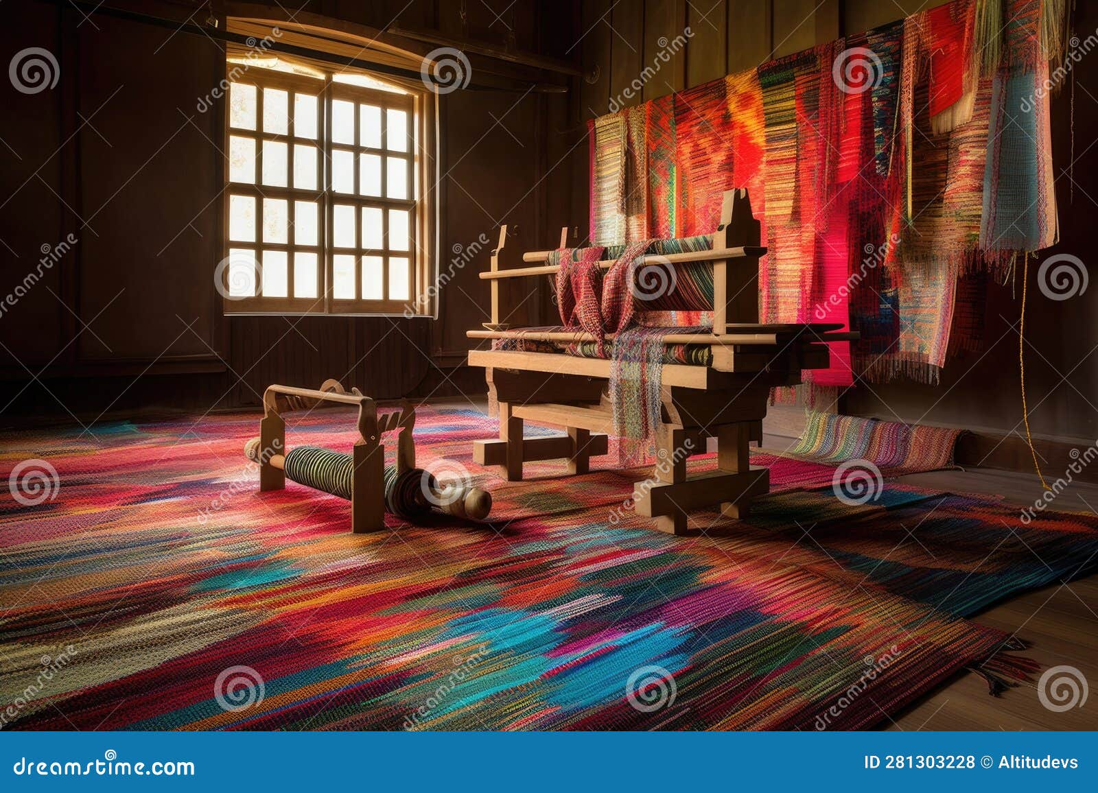 Carpet Weaving Loom with Bright Threads and Patterns Stock Photo ...