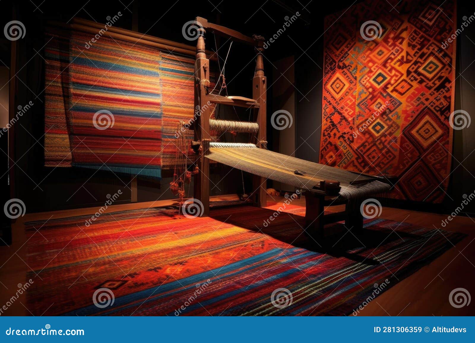 Carpet Weaving Loom with Bright Threads and Patterns Stock Illustration ...