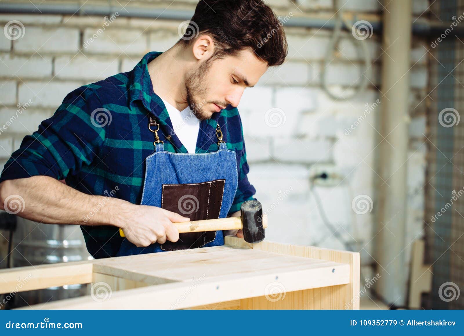 Carpintero Que Martilla Un Clavo En El Tablero De Madera Imagen de ...