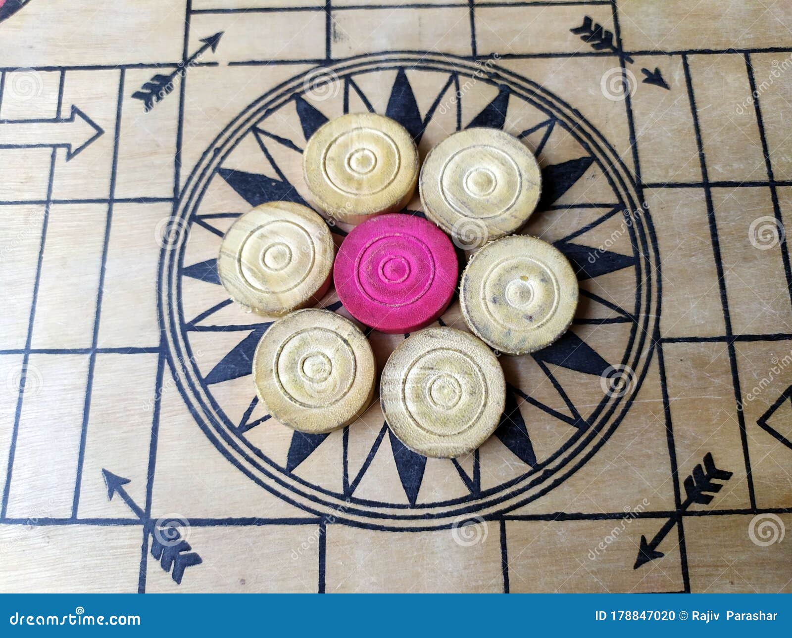 Carrom Board or Karrom , Carrom Men, and Queen. Close Up Stock Photo ...