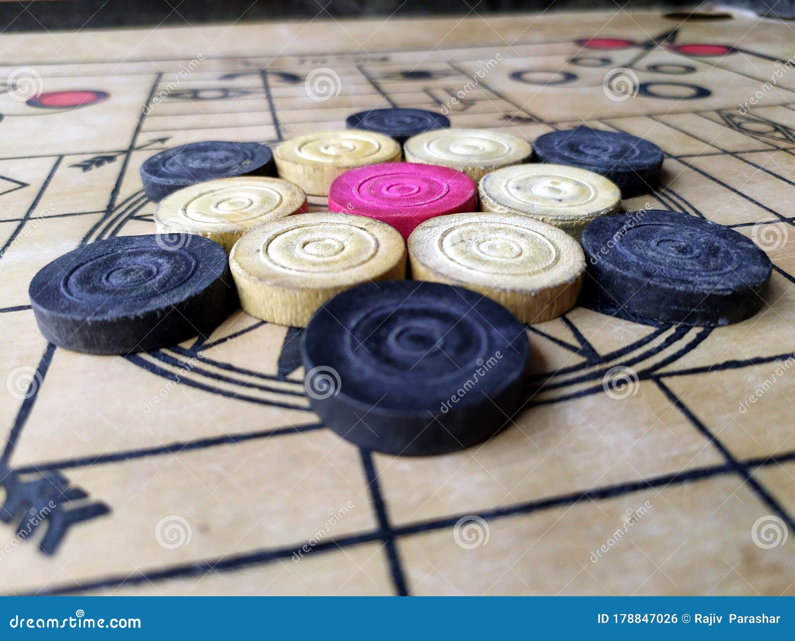 Carrom Board or Karrom , Carrom Men, and Queen. Close Up Stock Photo ...