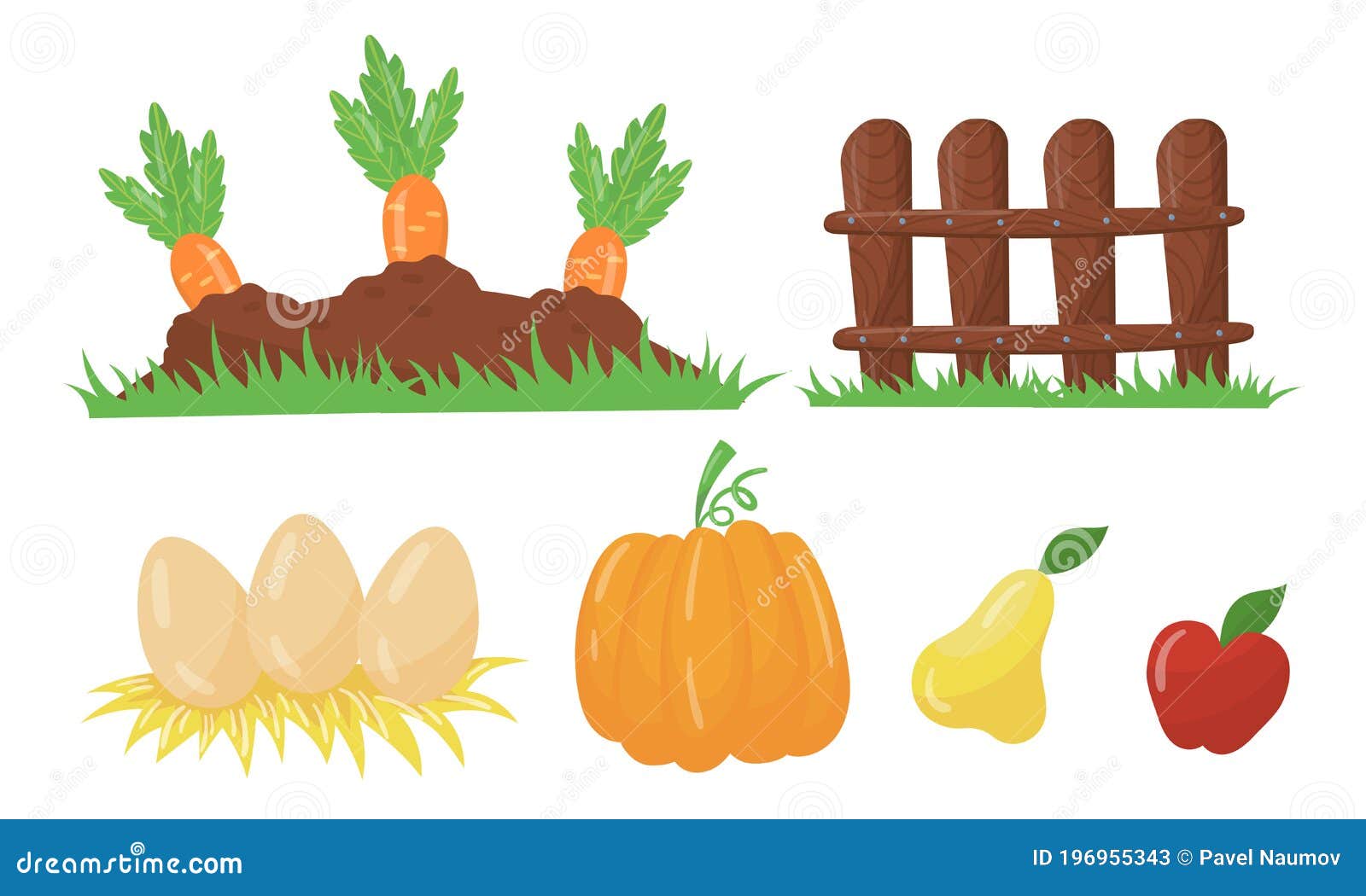 Carrot Growing on Vegetable Patch and Eggs on Straw Vector Set Stock ...