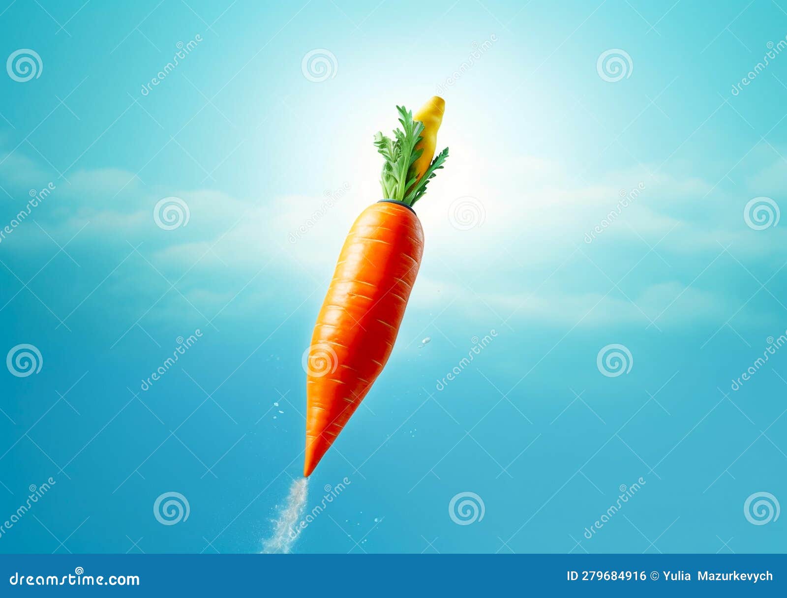 Carrot Launches Like a Rocket on Sky Background. Easter Minimal Concept ...