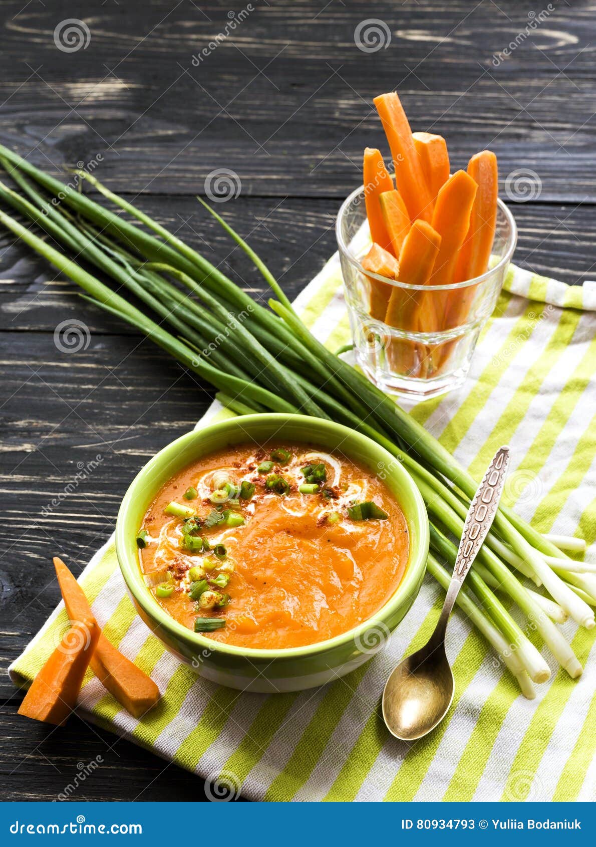 Carrot Puree Soup with Sour Cream and Green Onion Stock Image - Image ...