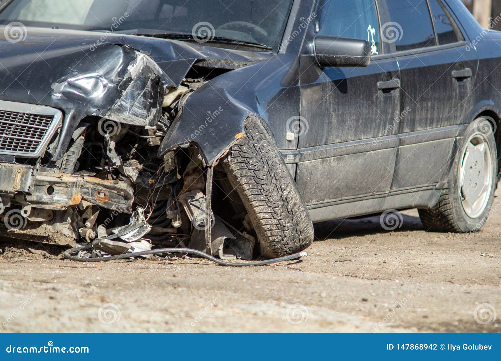 Two Cars Accident. A Red Sedan Crashed Against The Back Of A Big Truck ...