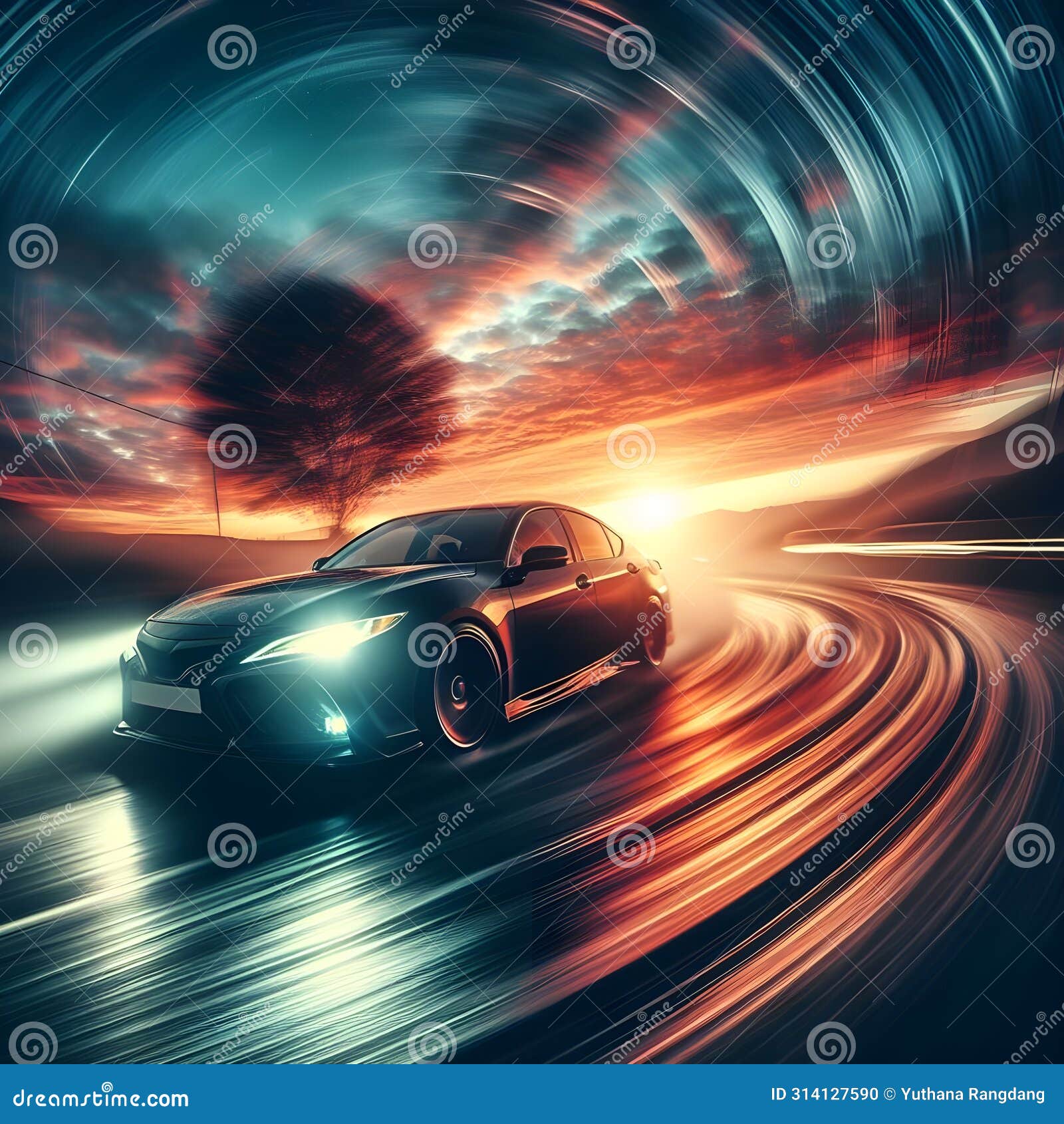 Cars Drifting in Circles with Motion Blur Effect at Sunset. Stock Photo ...