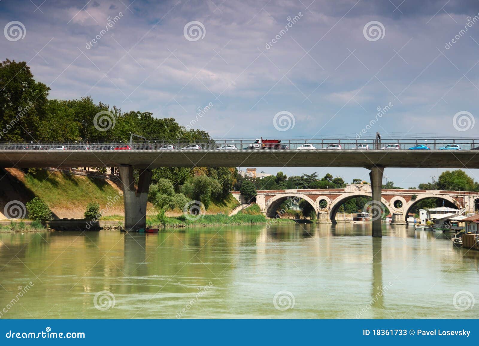 Cars Go Over Bridge on Tiber River Stock Image - Image of clouds ...
