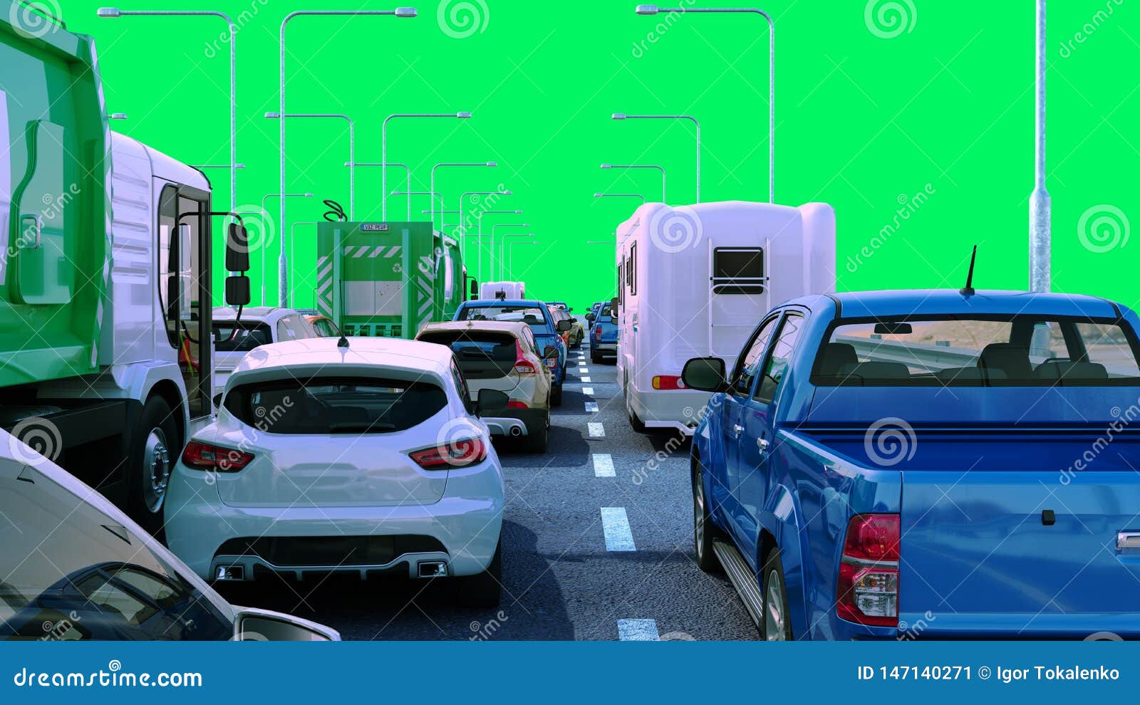 Cars on Highway in Traffic Jam 3d Render Green Screen Stock ...