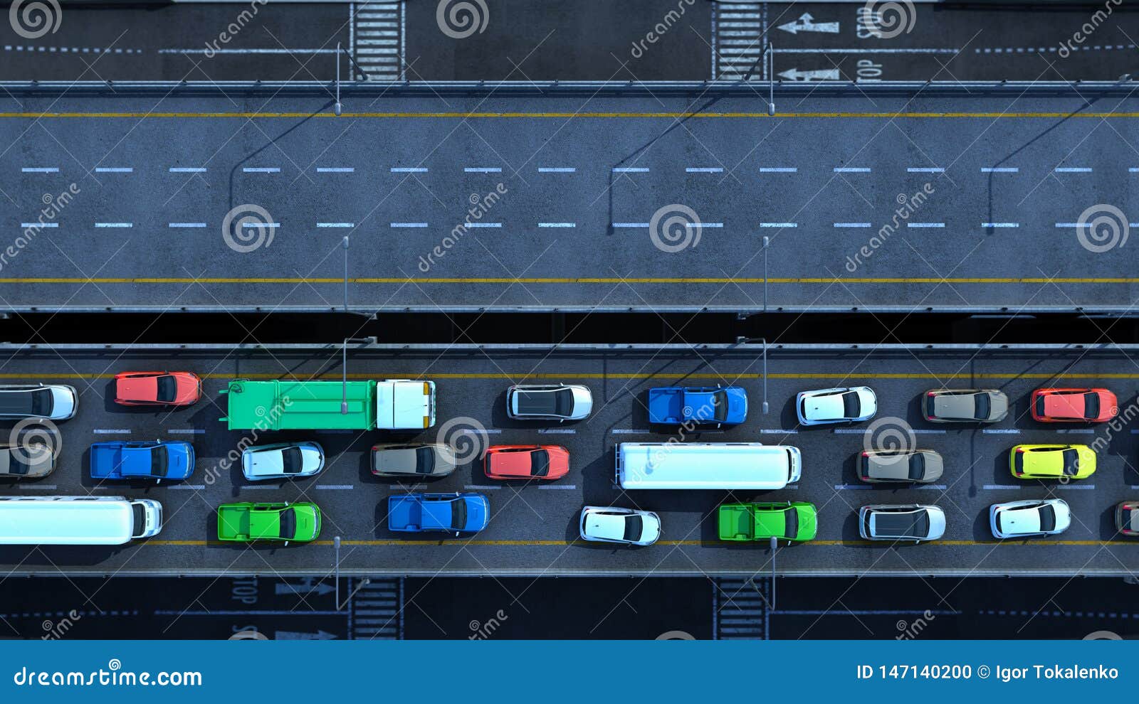 Cars on Highway in Traffic Jam 3d Render from Top Stock Illustration ...