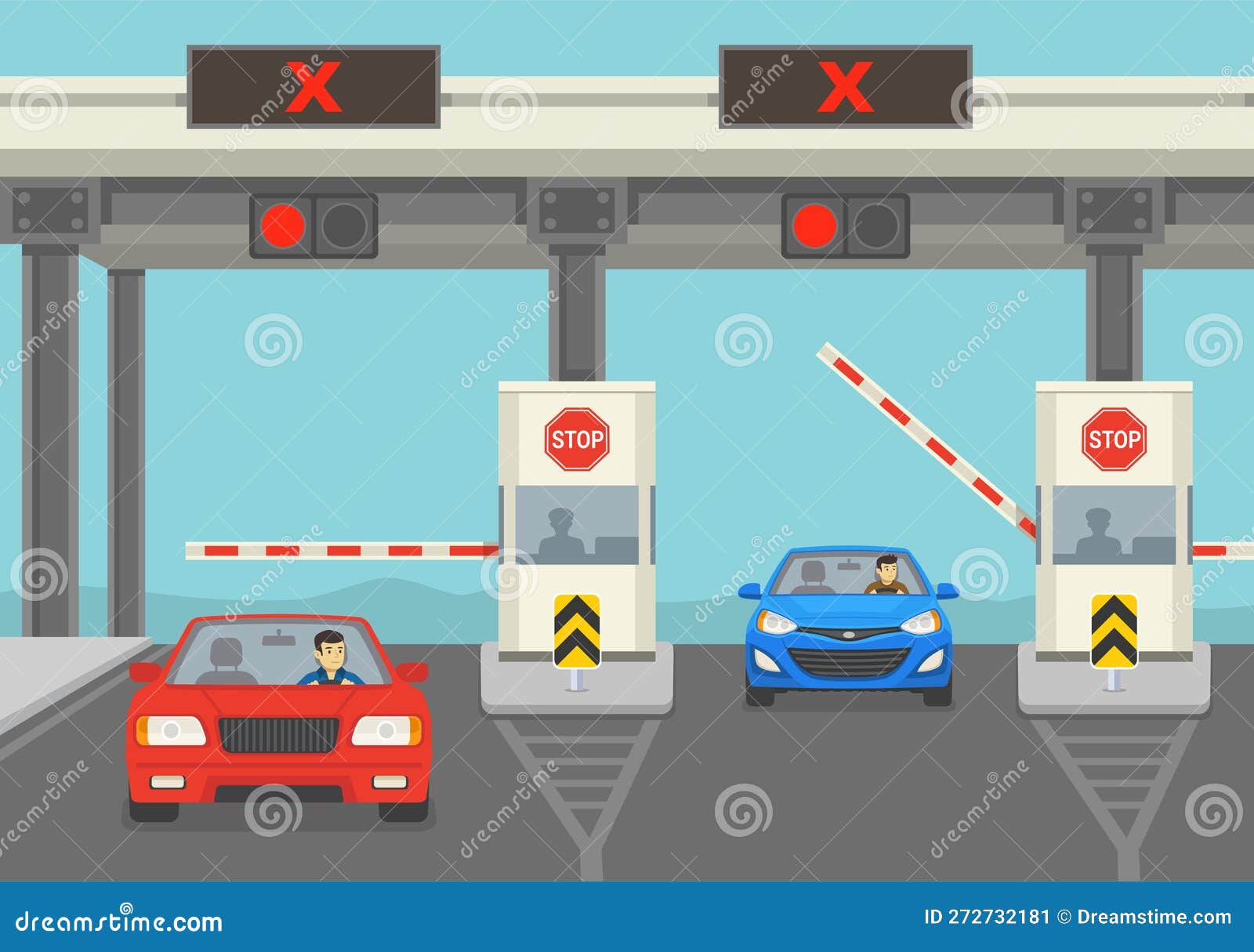 Cars Passing through Highway Checkpoint with Barriers. Front View of ...