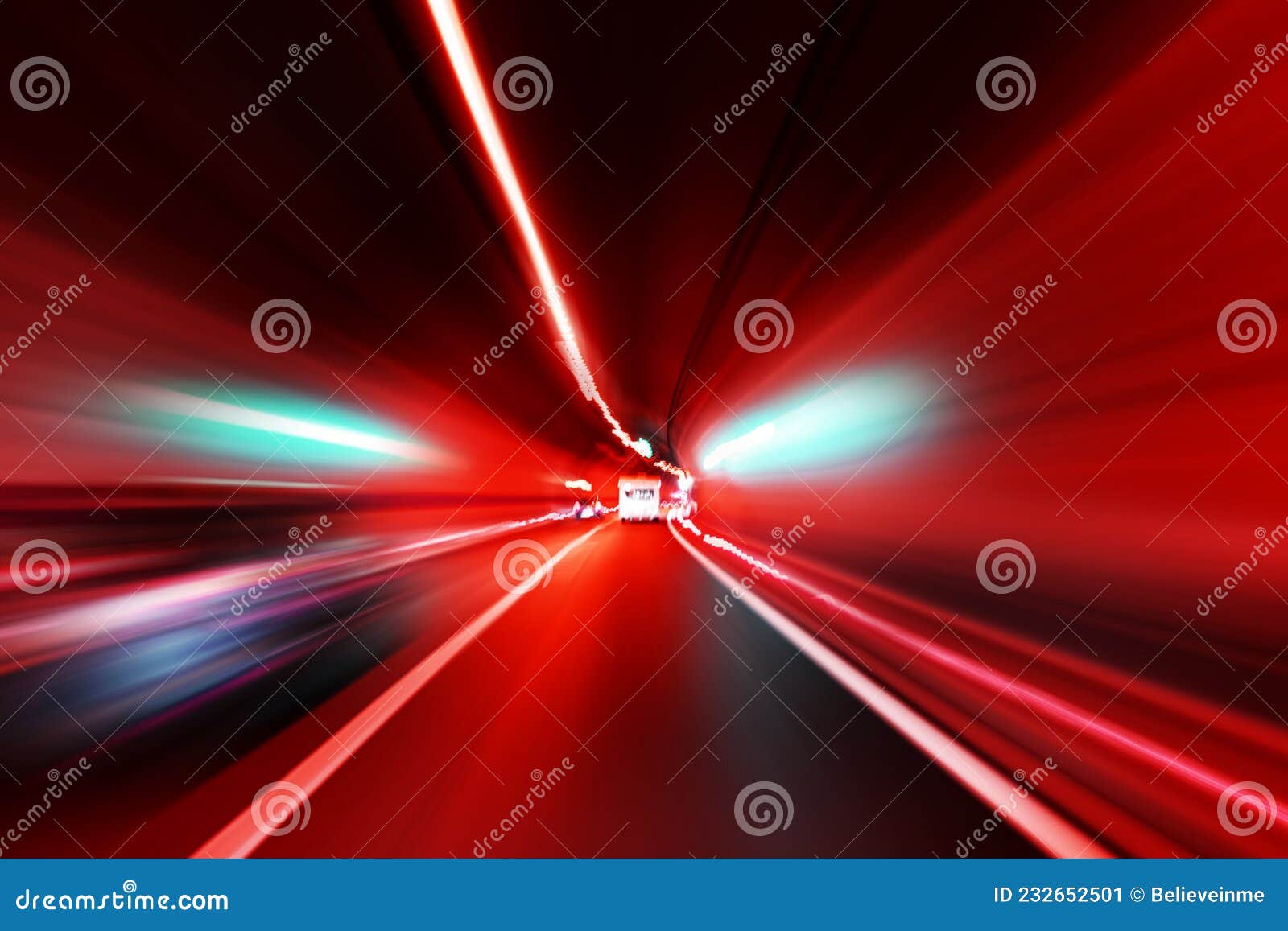 Cars Rush through the Tunnel in the Beams of Searchlights. Stock Image ...