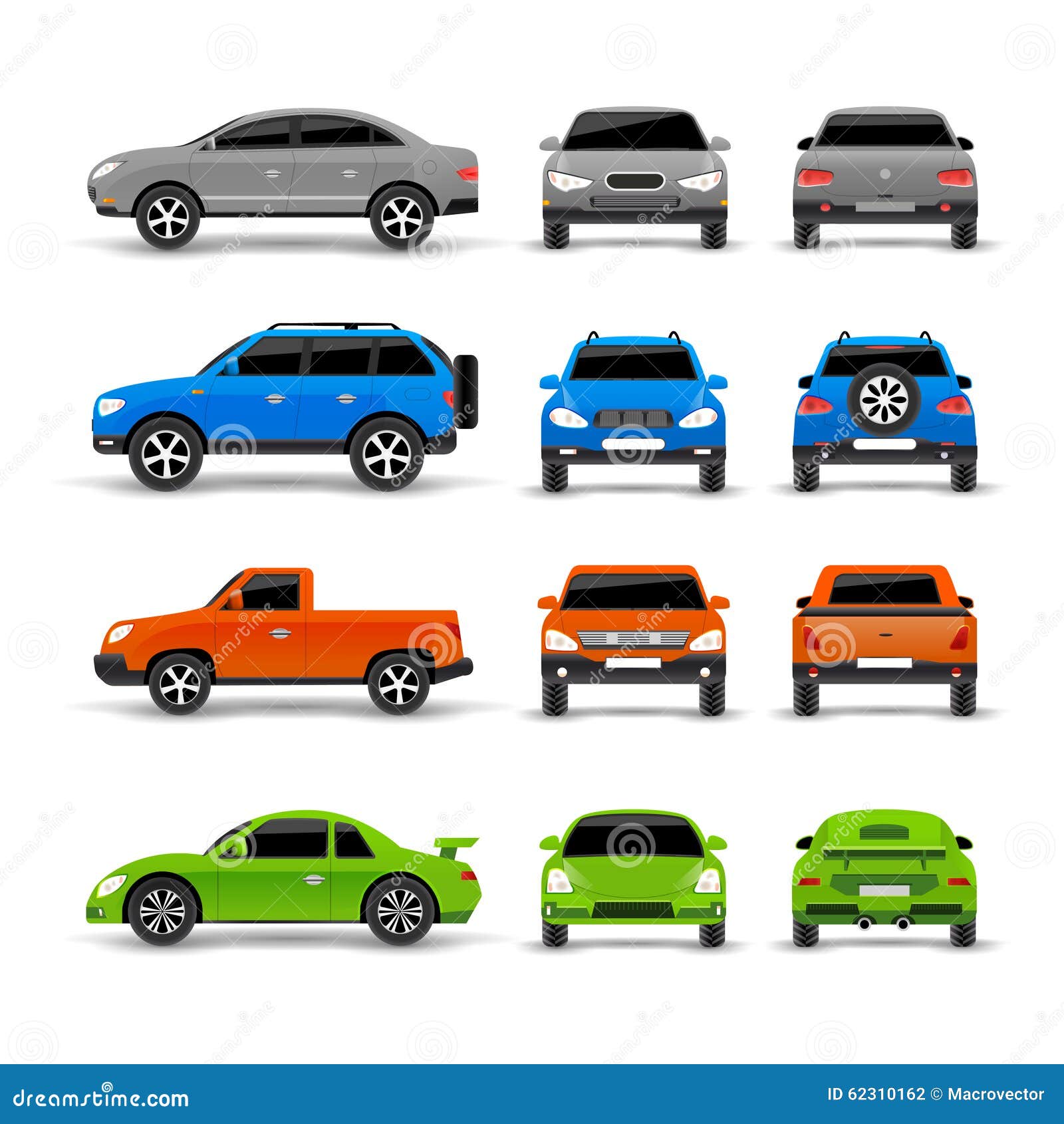 Cars Side Front and Back Icons Set Stock Vector - Illustration of model ...