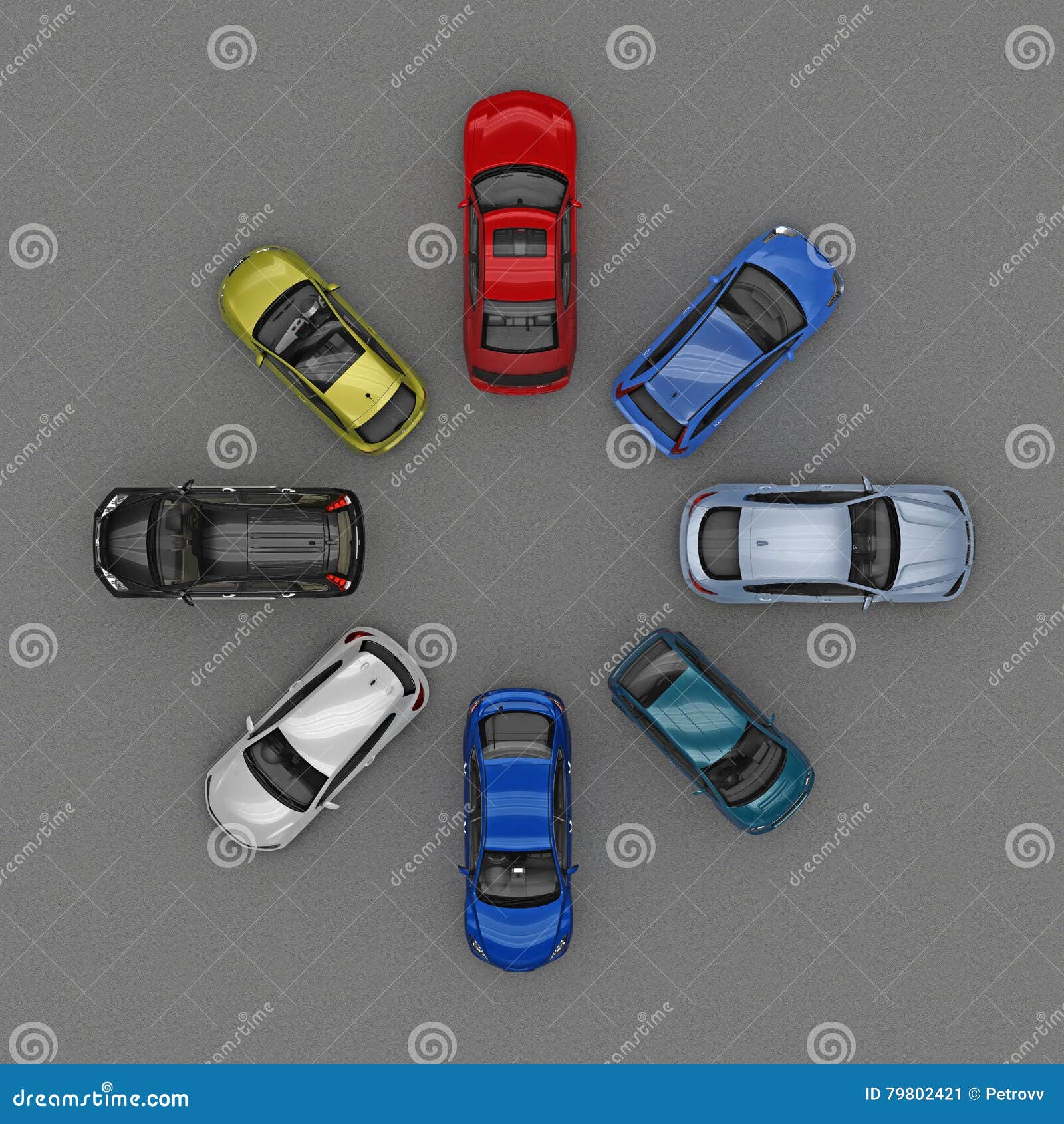 Cars Standing in the Shape of a Circle. Top View 3d Rendering Stock ...
