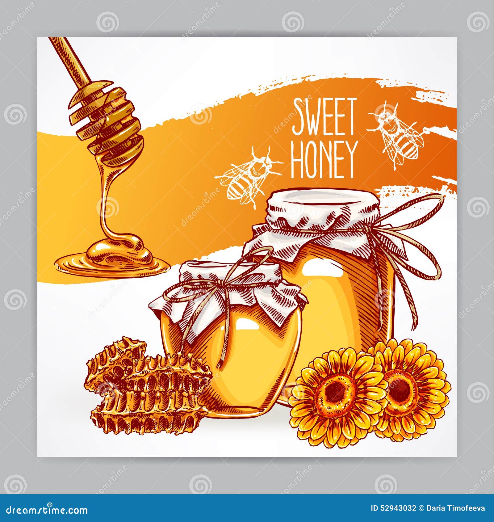 Cartão com mel ilustração do vetor. Ilustração de inseto - 52943032