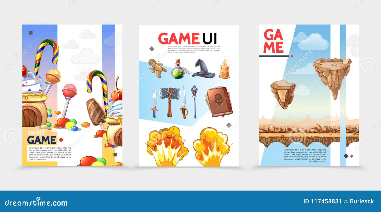 Cartazes lisos do jogo UI ilustração do vetor. Ilustração de machado ...