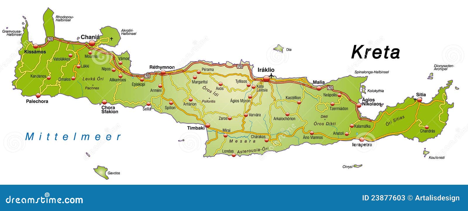 Carte De Crète Avec Des Routes Photos stock - Image: 23877603