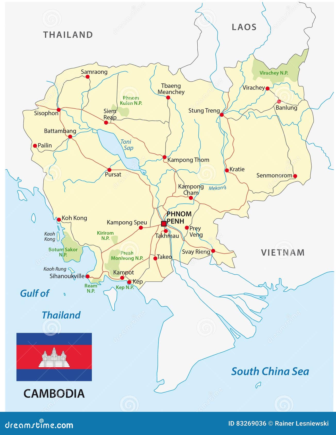 Carte De Route Du Cambodge Avec Le Drapeau Illustration de Vecteur ...