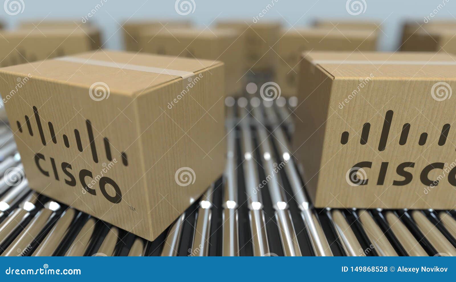 Carton Boxes with Cisco Logo Move on Roller Conveyor. Conceptual ...