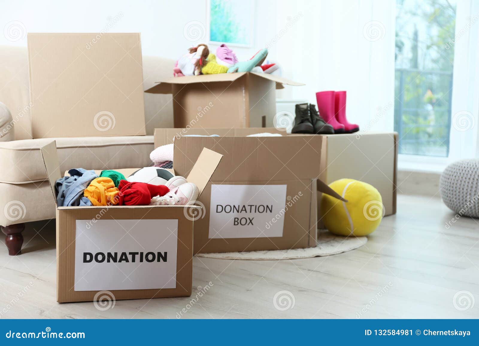 Carton Boxes with Donations Stock Image - Image of living, clothes ...
