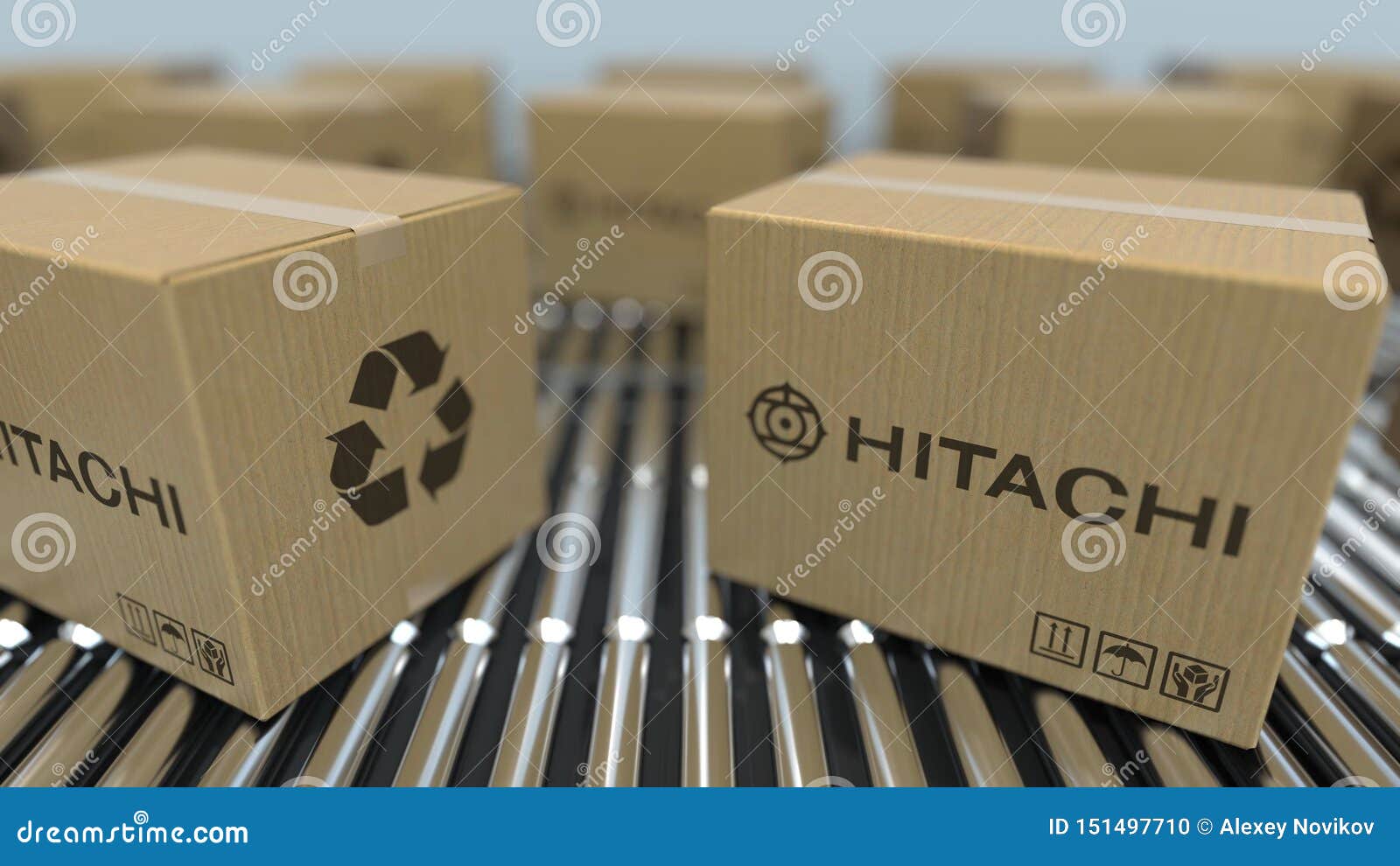 Carton Boxes with HITACHI Logo Move on Roller Conveyor. Realistic 3D ...