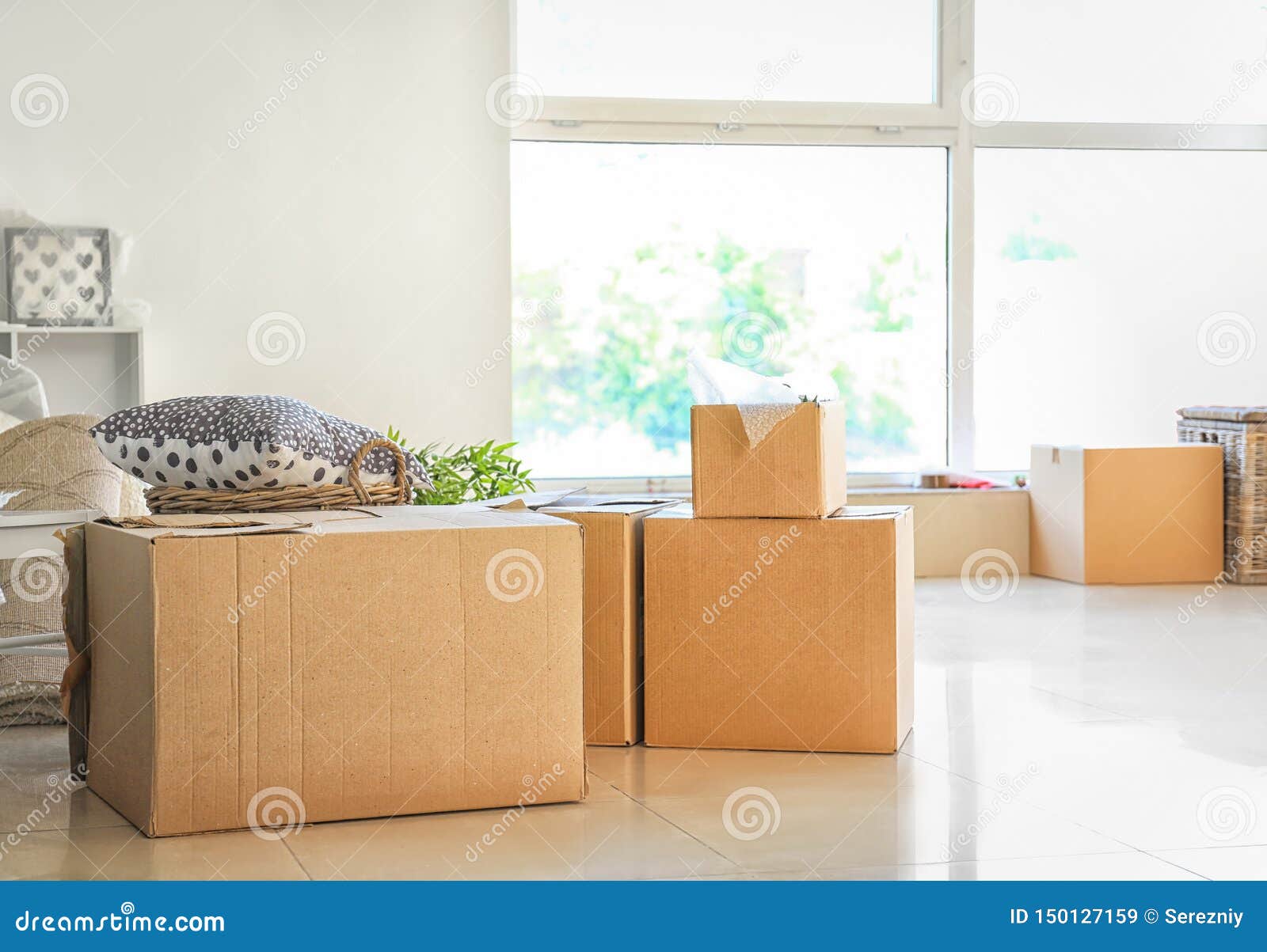 Carton Boxes and Interior Items on Floor in Room. Moving House Concept ...