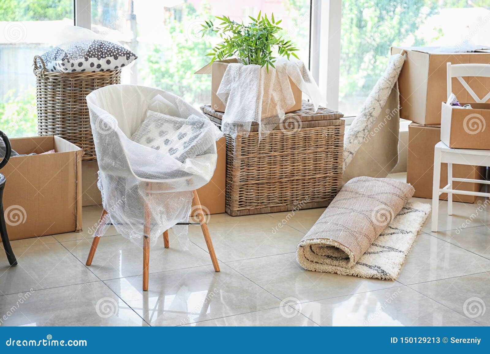 Carton Boxes and Interior Items on Floor in Room. Moving House Concept ...