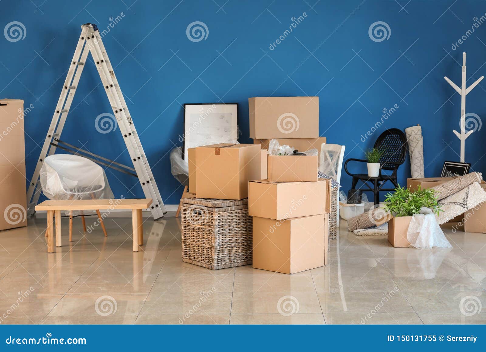 Carton Boxes and Interior Items on Floor in Room. Moving House Concept ...