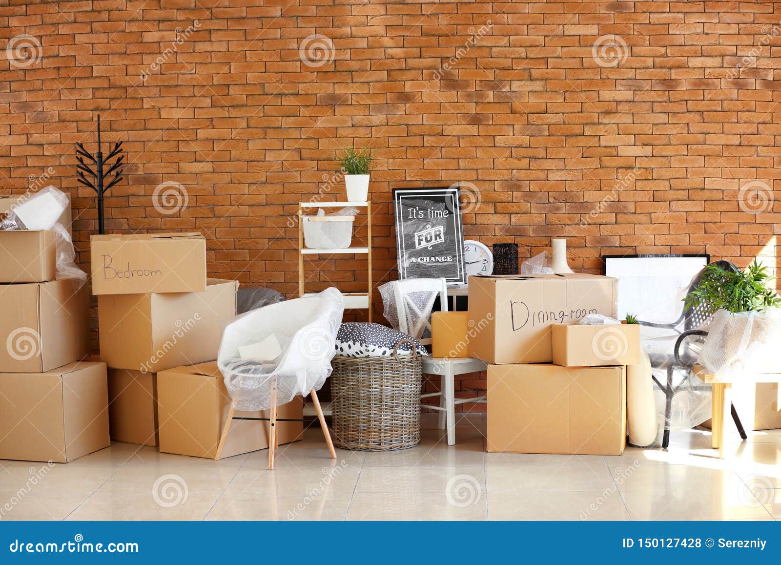 Carton Boxes and Interior Items in Room. Moving House Concept Stock ...