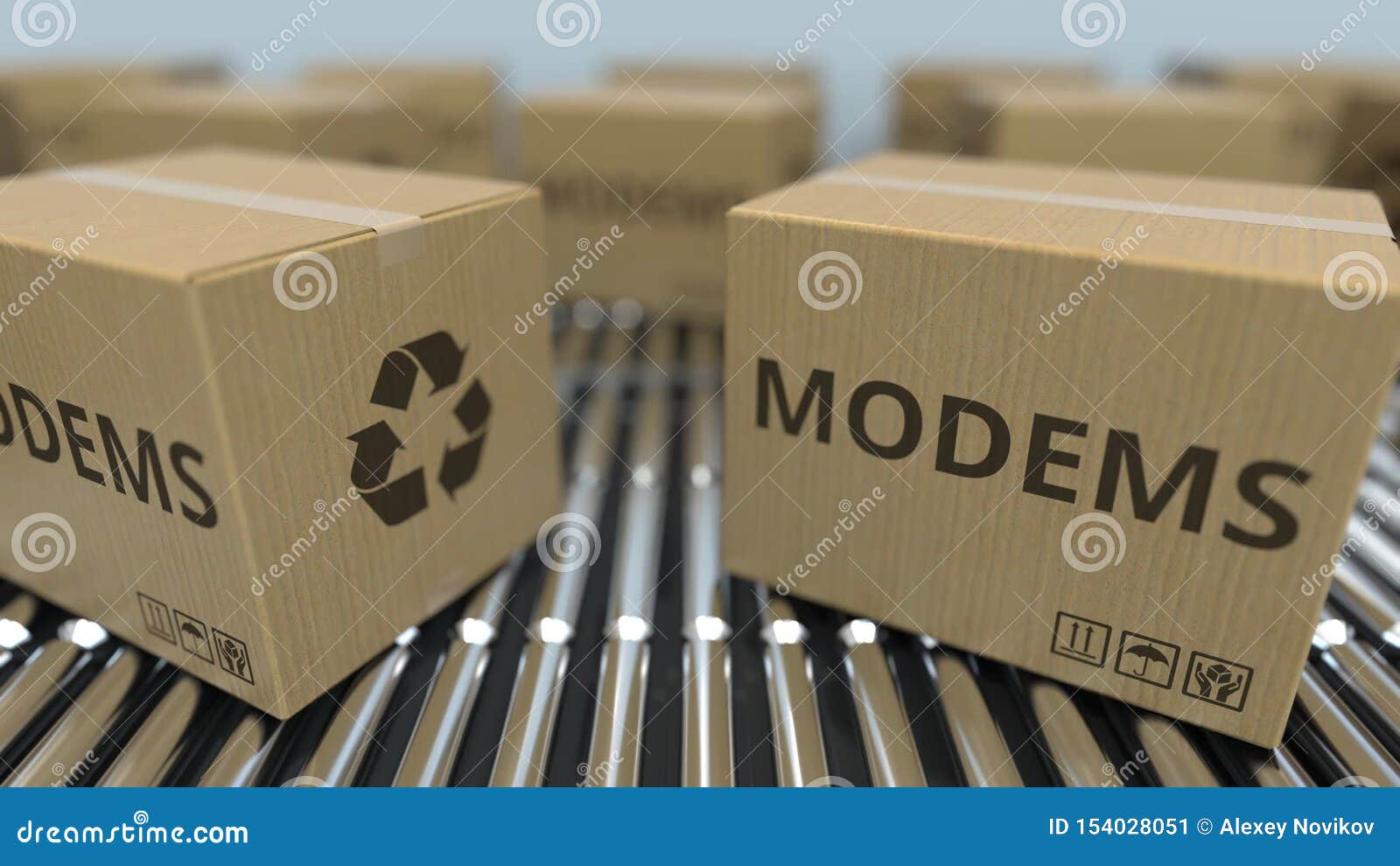 Carton Boxes With Modems On Roller Conveyors. 3D Rendering Royalty-Free ...