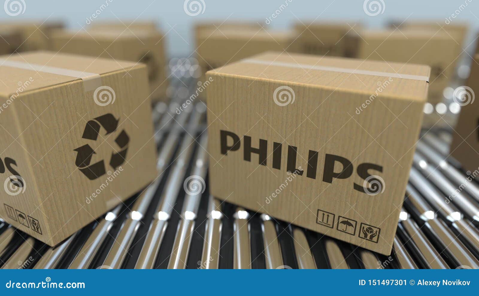 Carton Boxes with PHILIPS Logo Move on Roller Conveyor. Realistic 3D ...