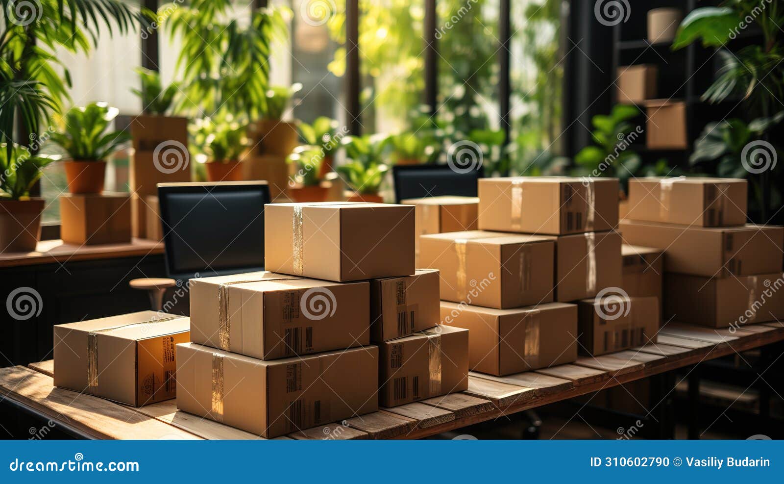 Carton Boxes with Stuff in Room. Office Move Concept Stock Photo ...