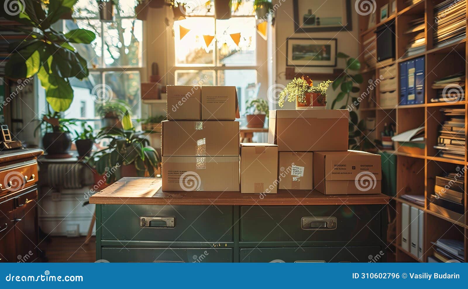 Carton Boxes with Stuff in Room. Office Move Concept Stock Photo ...