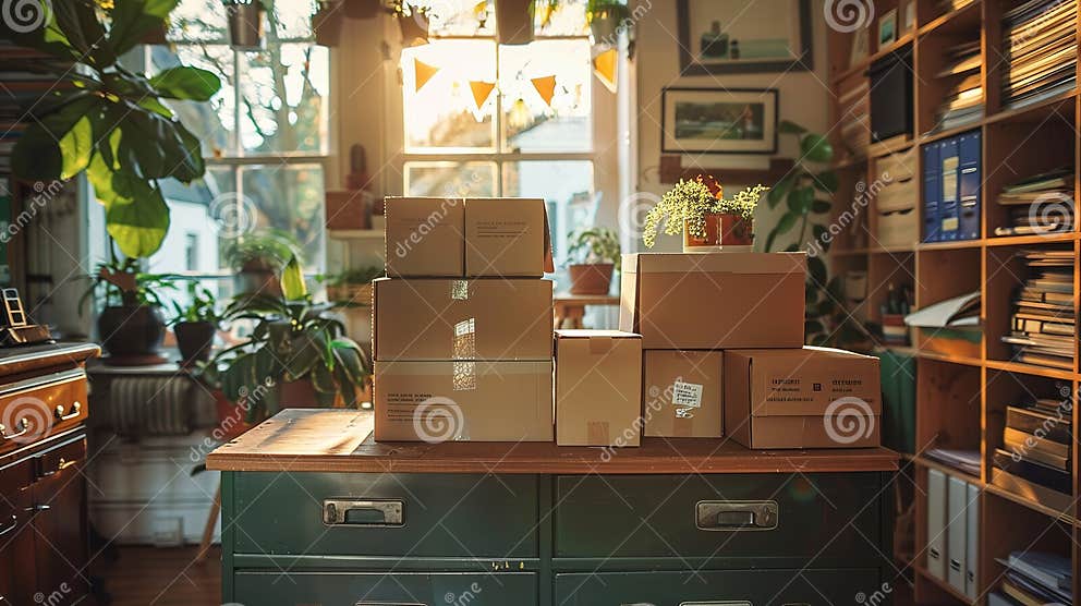Carton Boxes with Stuff in Room. Office Move Concept Stock Photo ...