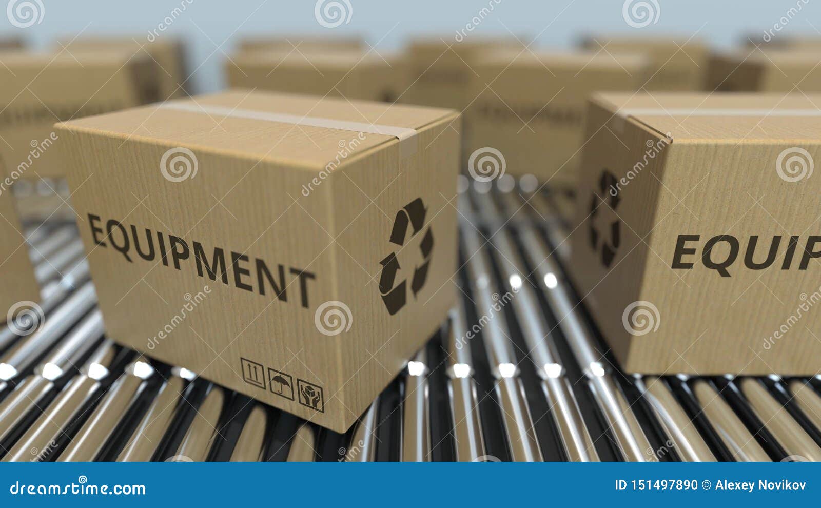 Carton Boxes with EQUIPMENT Text Move on Roller Conveyor. Realistic 3D ...