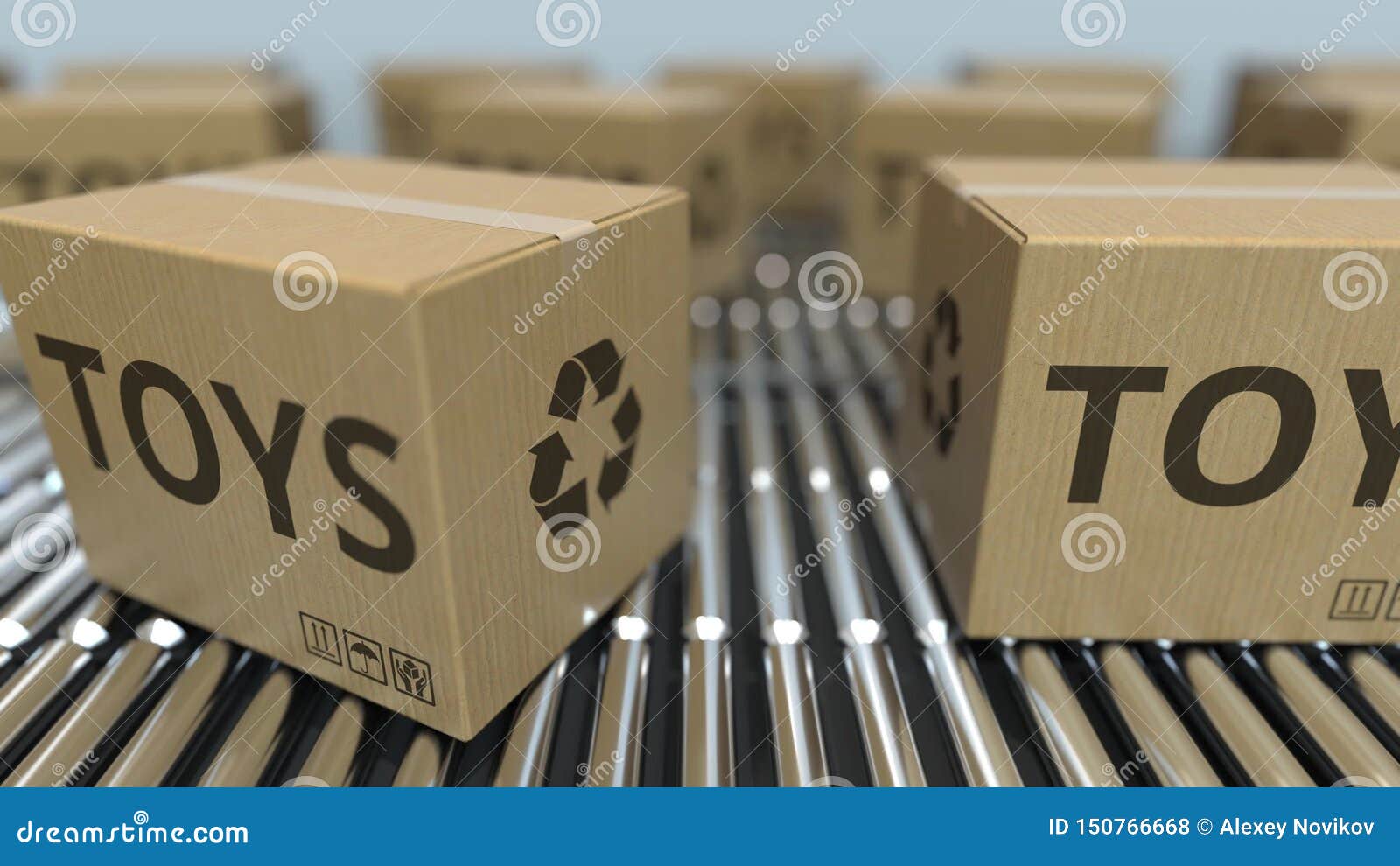 Carton Boxes with TOYS Text Move on Roller Conveyor. Realistic Loopable ...